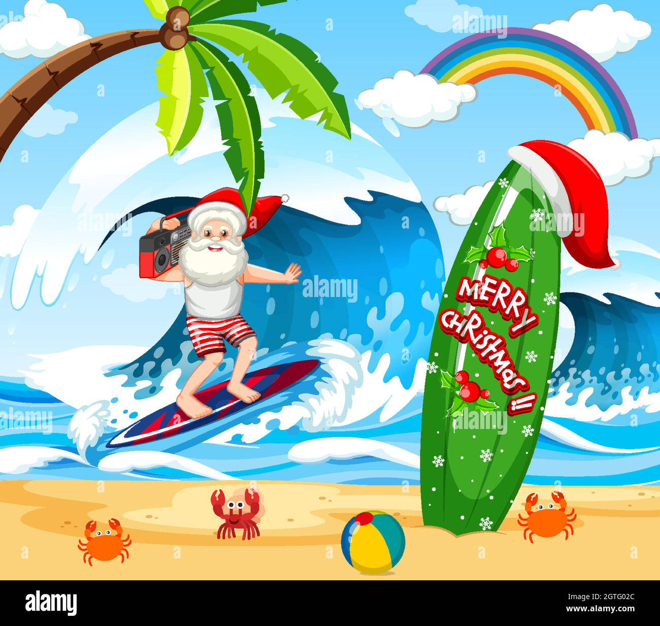 Santa Claus surfing at the beach for Summer Christmas Stock Vector ...