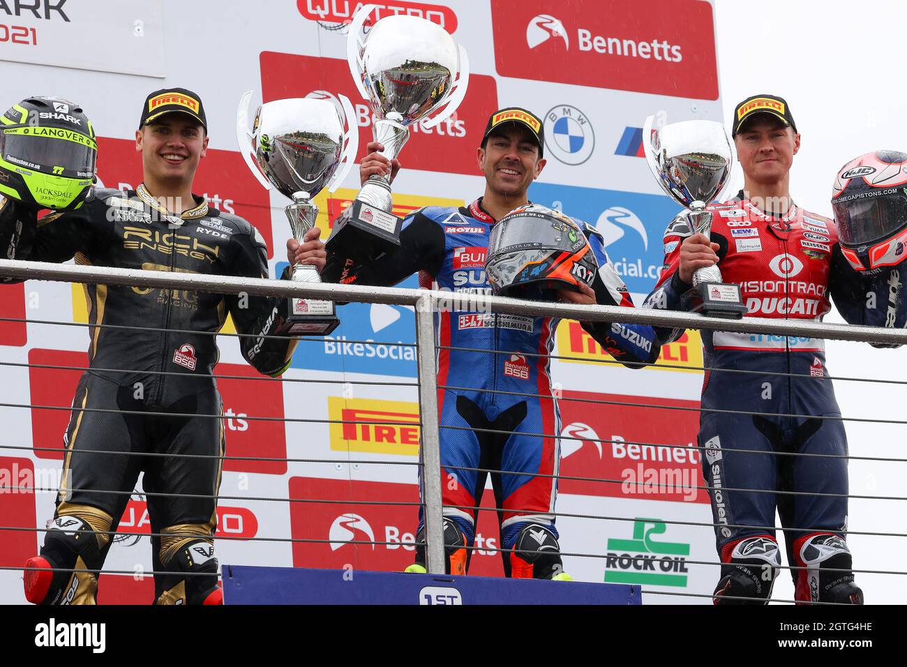 Donington, UK. 02nd Oct, 2021. Race 1 podium Gino Rea Buildbase Suzuki during the triple header ...