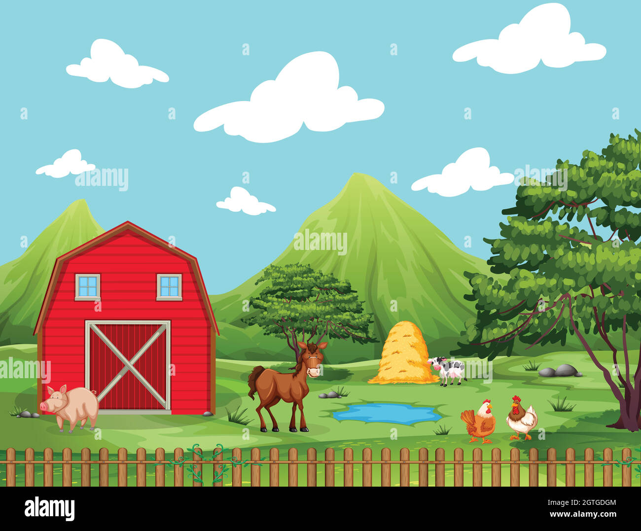Farm scene with pig, horse, chickens, pond, water and cow with hay ...