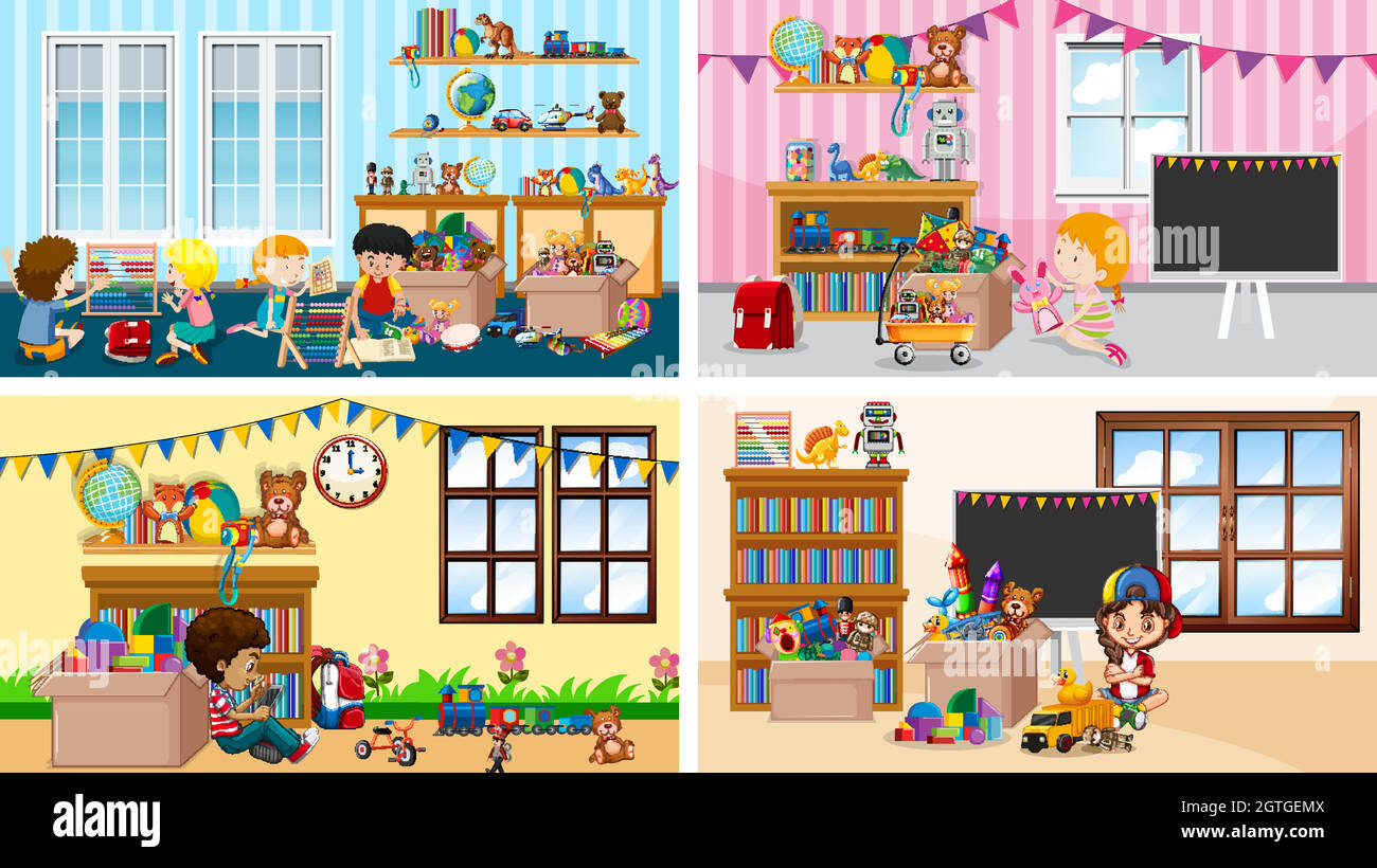 Four scenes with children playing in different rooms Stock Vector Image ...
