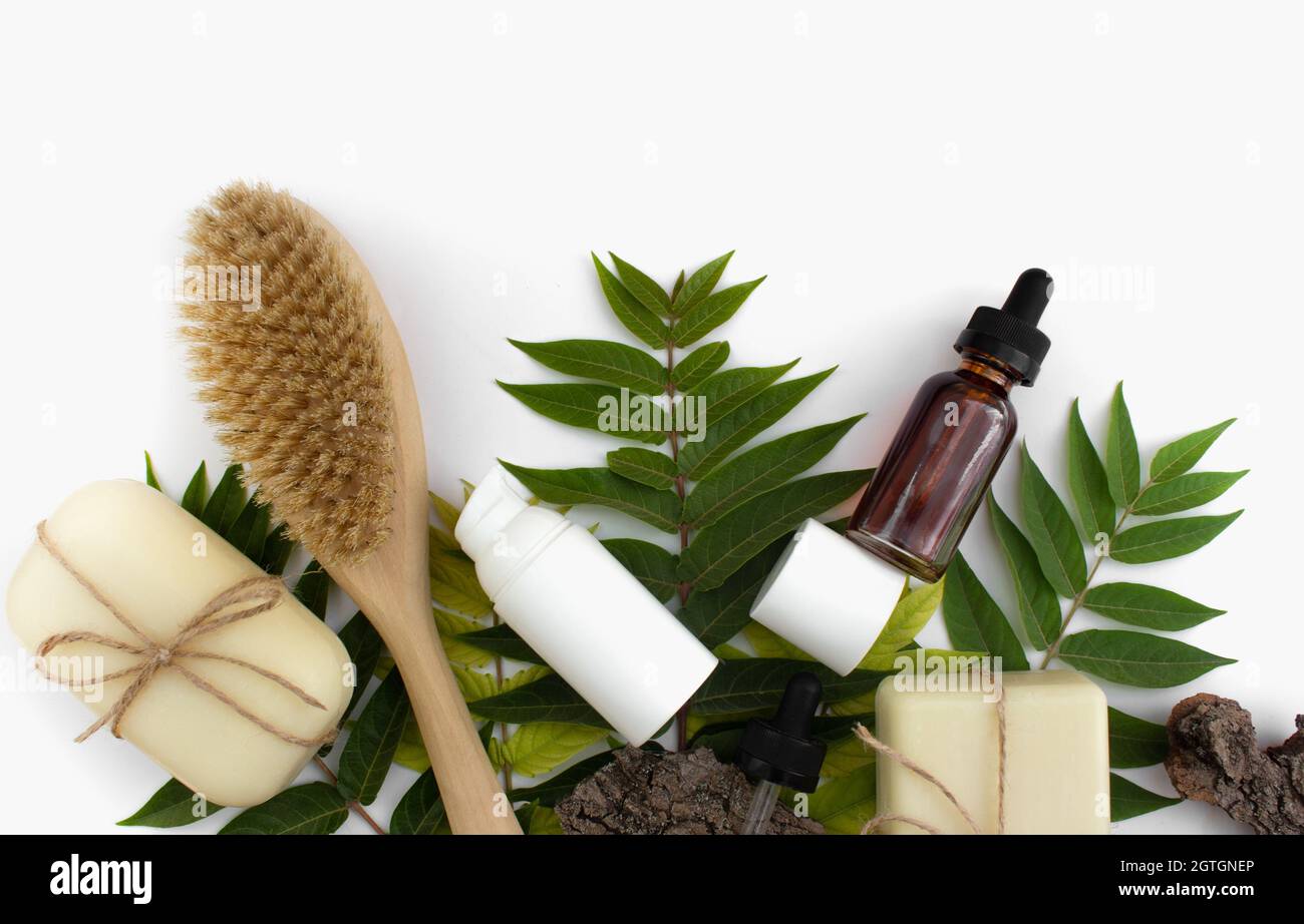 Flat lay natural eco beauty cosmetic products on white background Stock ...
