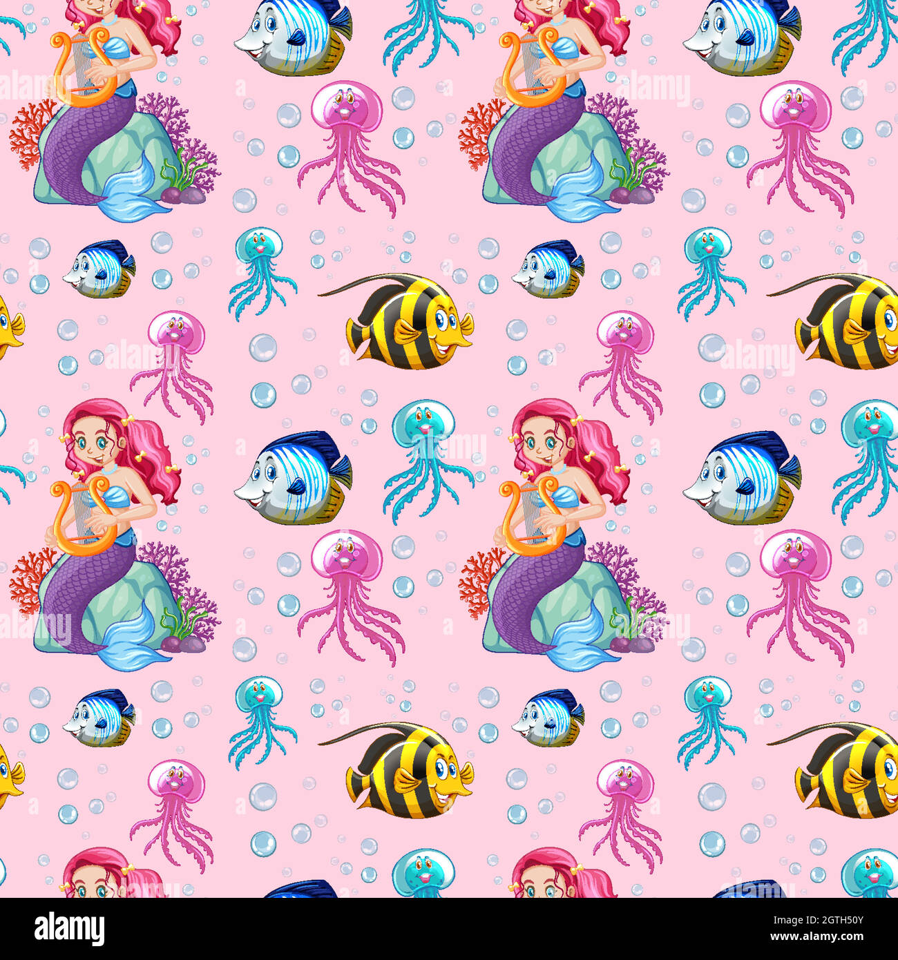 Seamless mermaid and sea animal cartoon style on pink background Stock ...