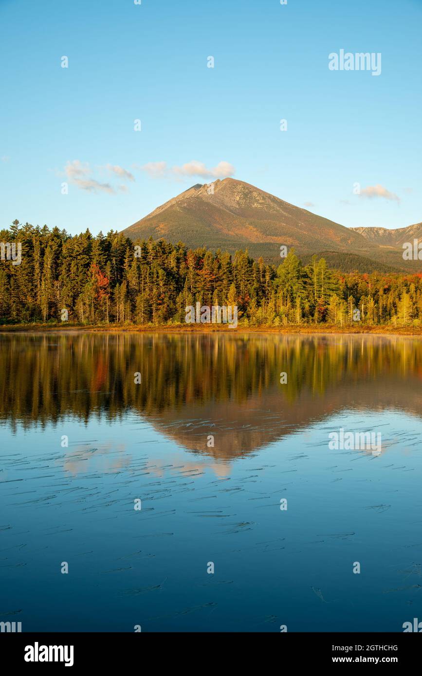 Mount Katahdin reflected in Martin Pond at sunrise, early autumn ...