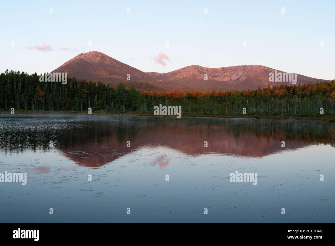 Mount Katahdin reflected in Martin Pond at sunrise, early autumn ...