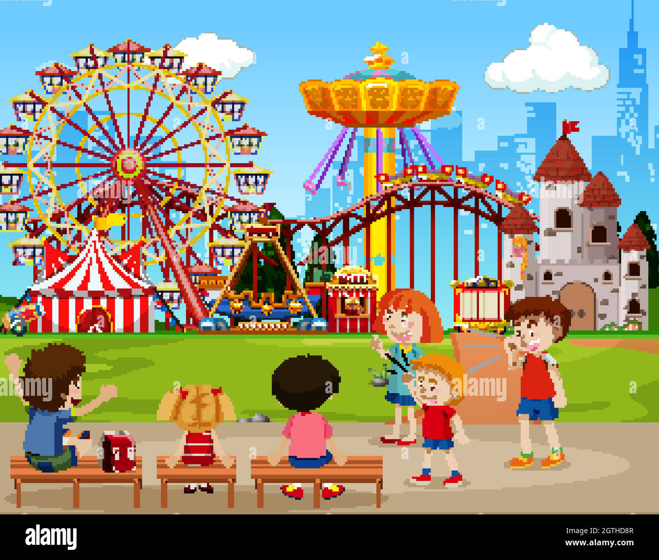 Themepark scene with many rides and happy children Stock Vector Image ...