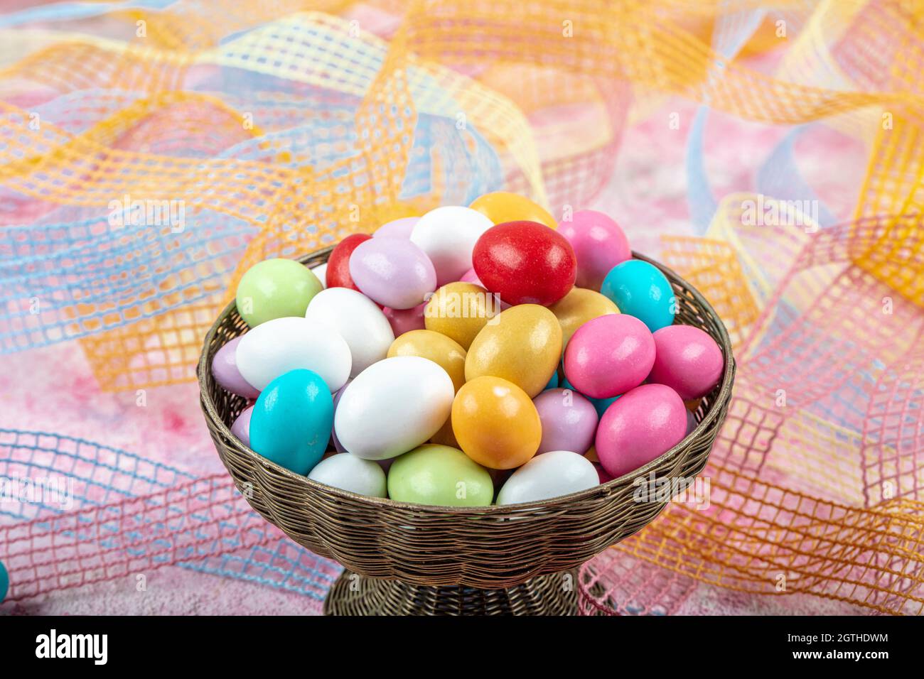 Almond candies.Colorful candies background top view, almond sweets ...