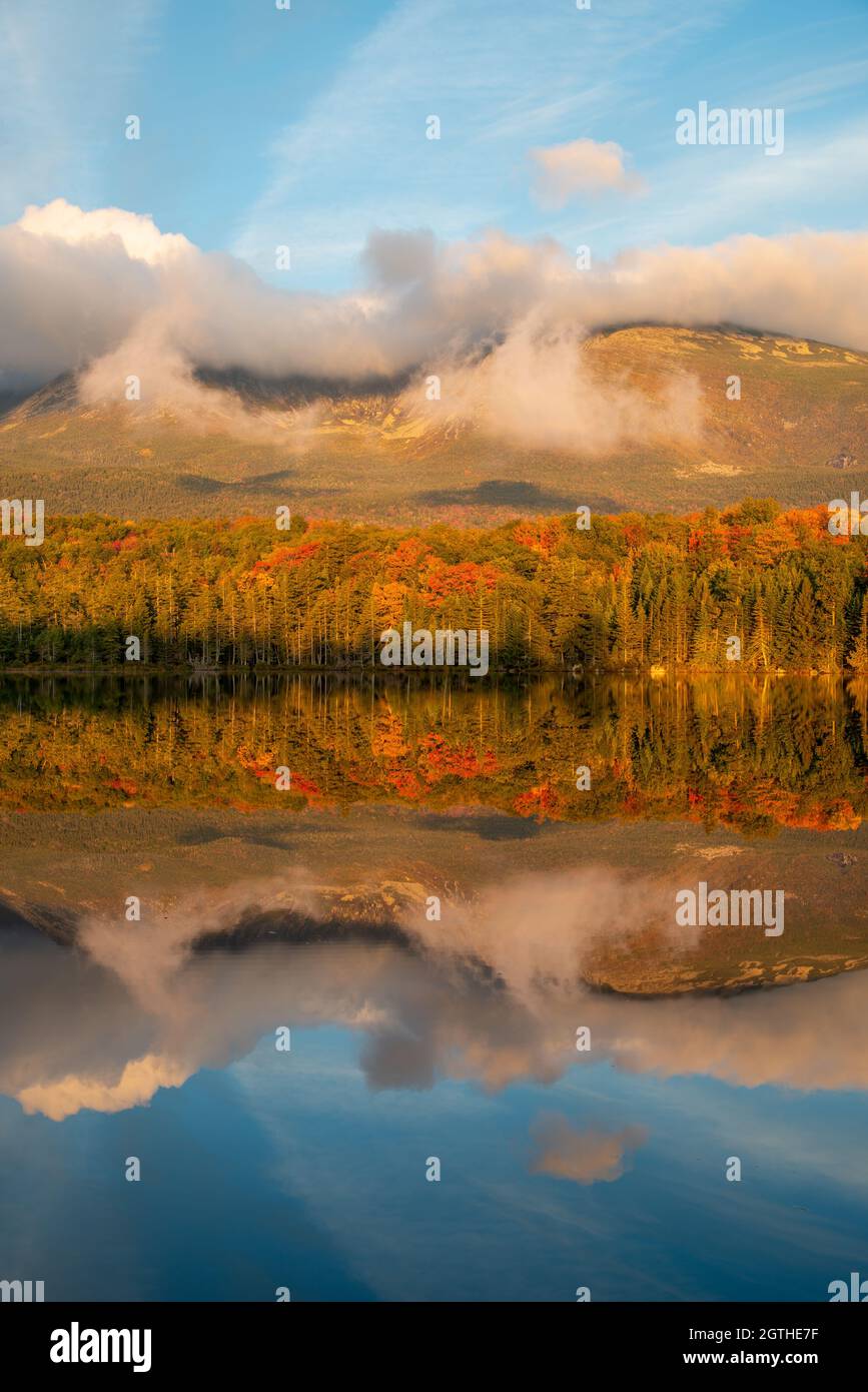 Mount Katahdin reflected in Sandy Stream Pond at sunrise, early autumn ...