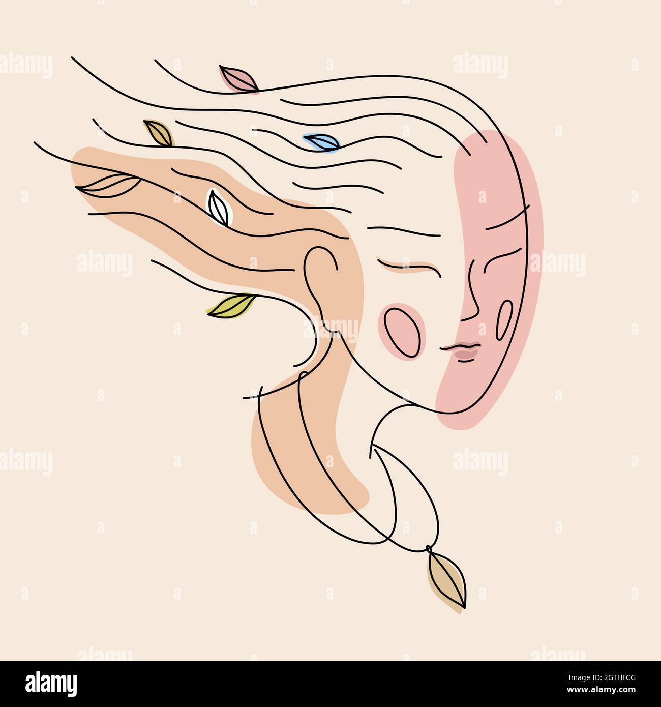 Woman face feminine line art portrait. Young girl with colourful leaves ...