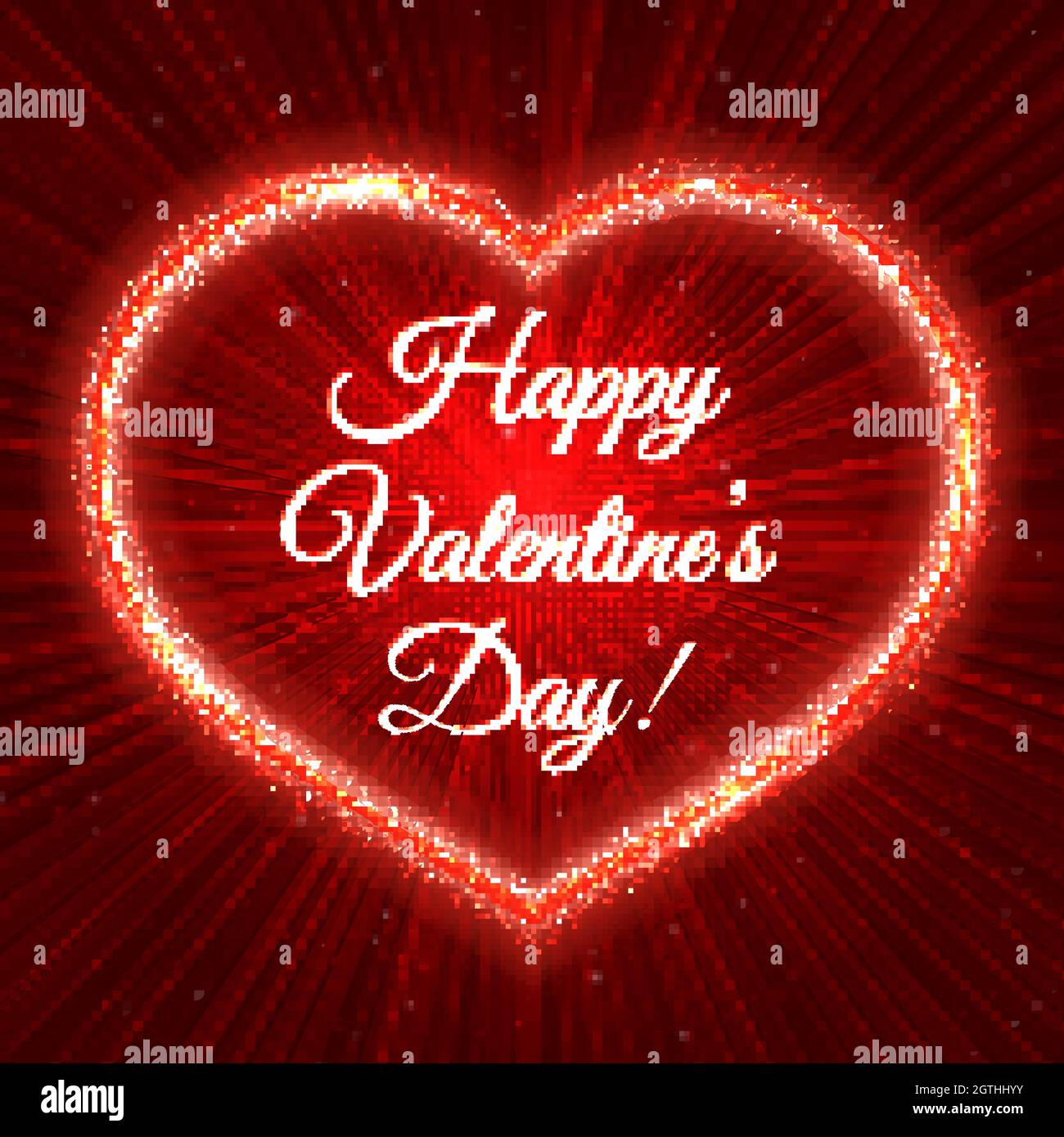 Red Valentines day greeting card with sparkling heart on shiny rays ...