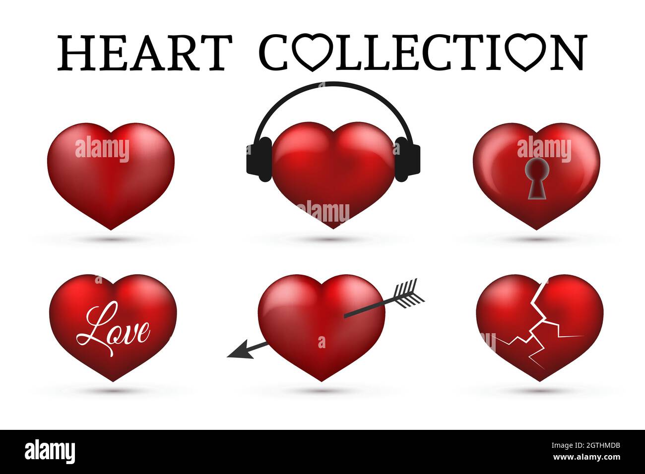Red heart collections. Set of six realistic hearts isolated on white ...