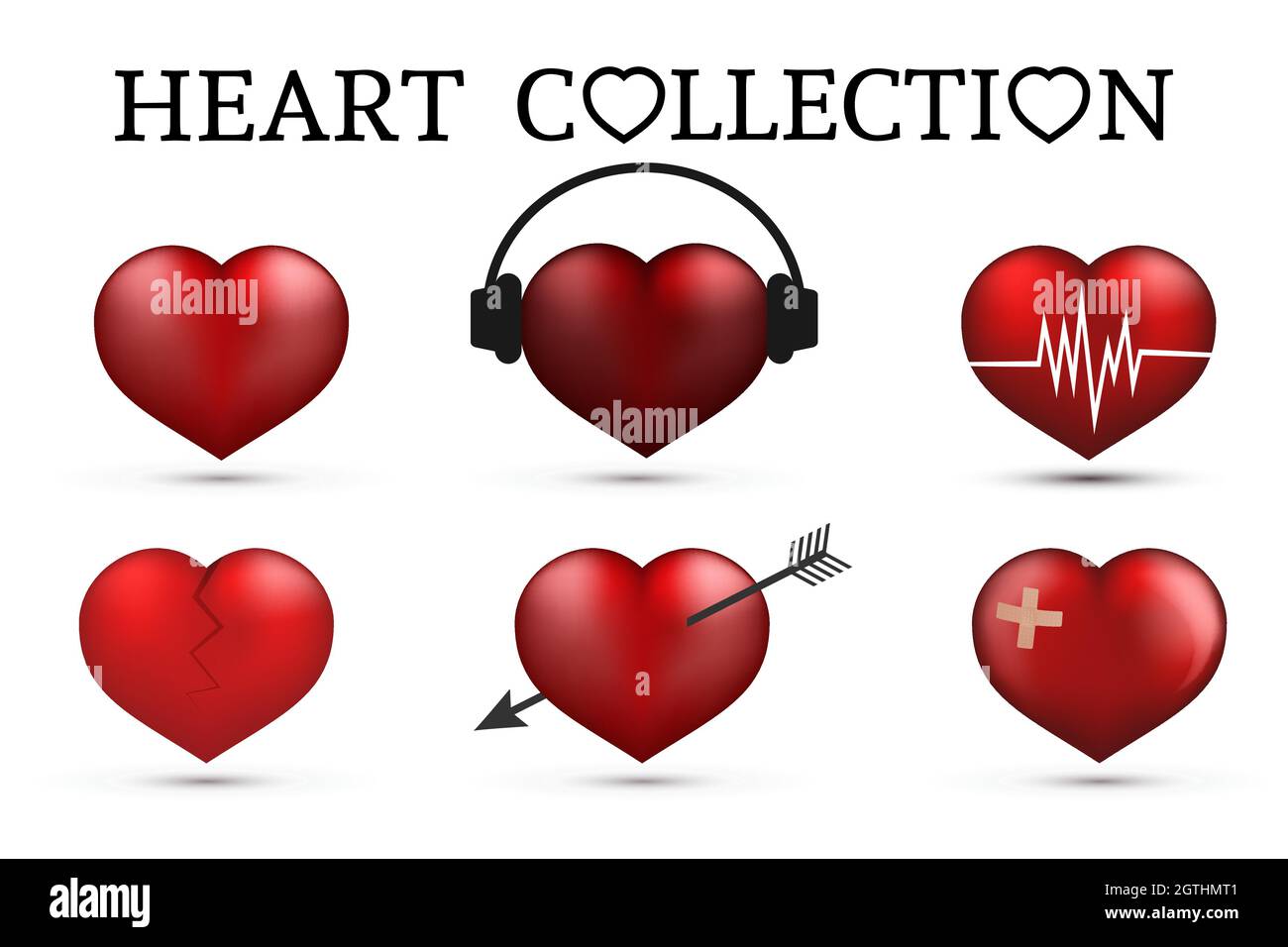 Red heart collections. Set of six realistic hearts isolated on white ...