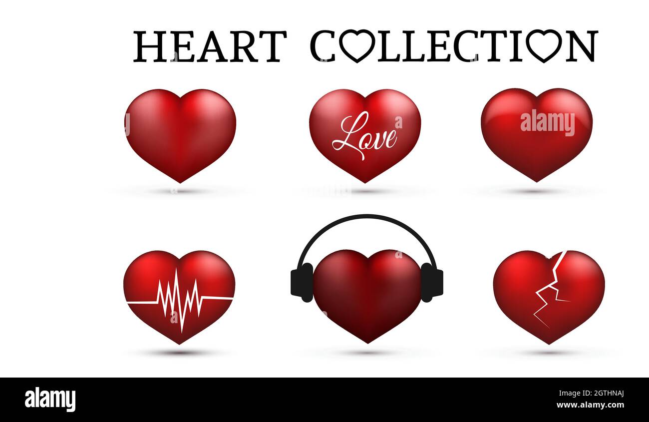 Red heart collections. Set of six realistic hearts isolated on white ...