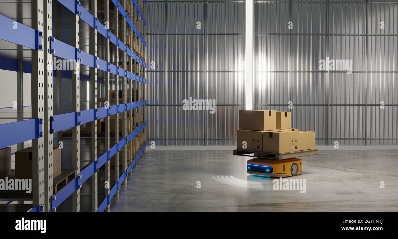 Automate guided vehicle (AGV) working in warehouse, 3D illustrations ...