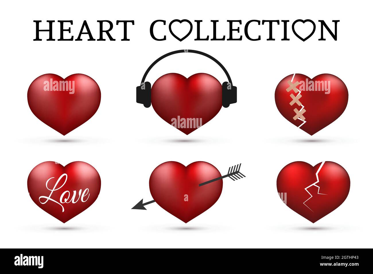 Red heart collections. Set of six realistic hearts isolated on white ...
