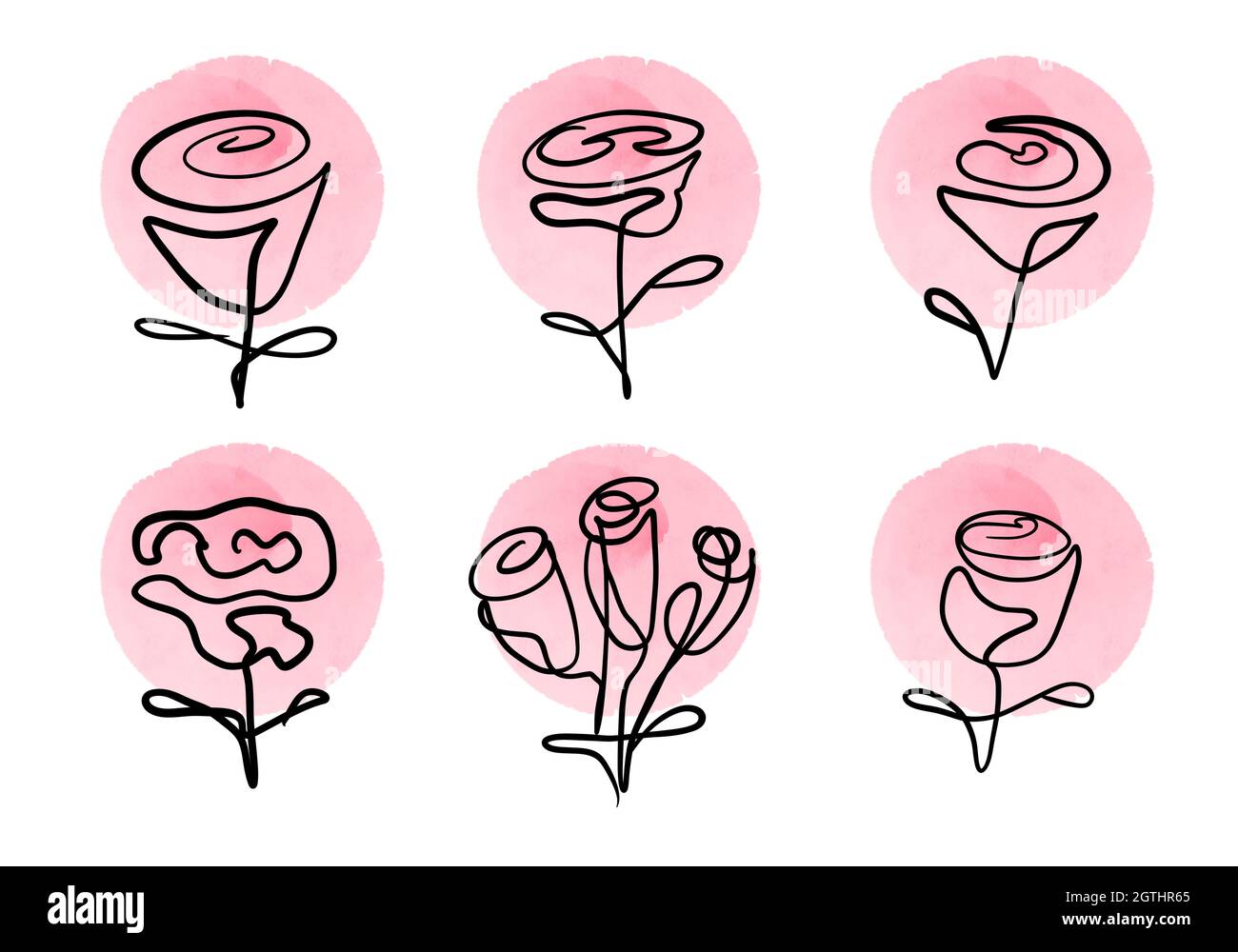 Set of different Rroses. Watercolor spots and a Rose drawn by one line ...