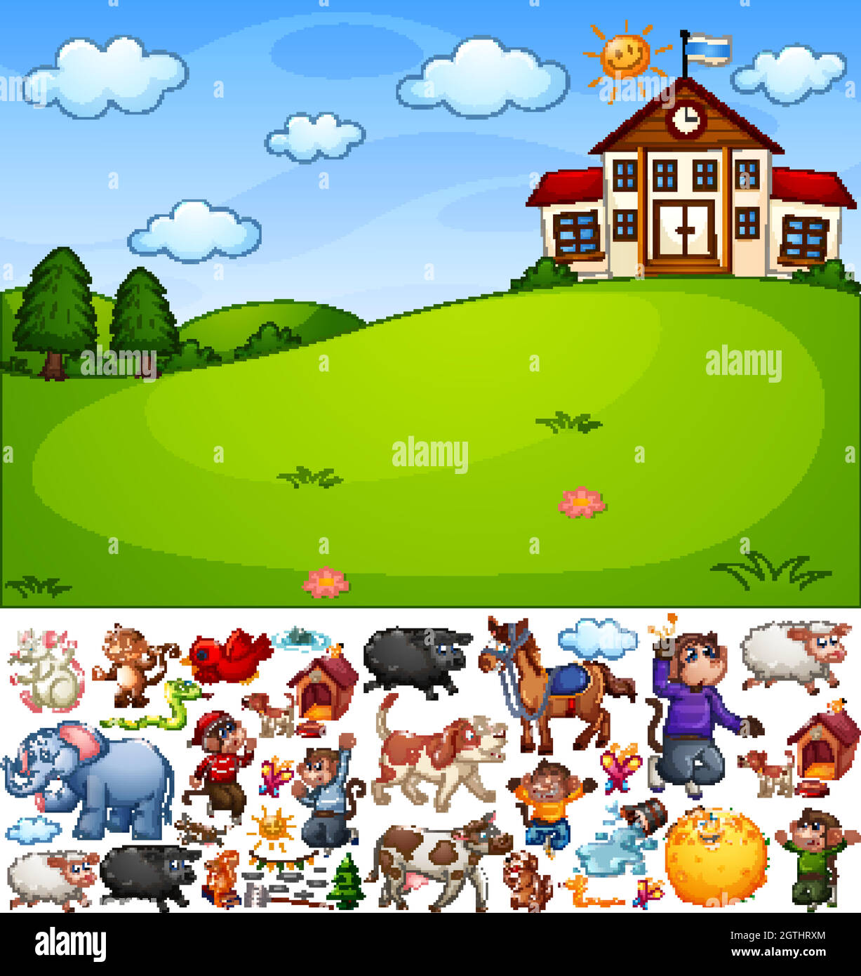 School scene with isolated cartoon character and objects Stock Vector ...