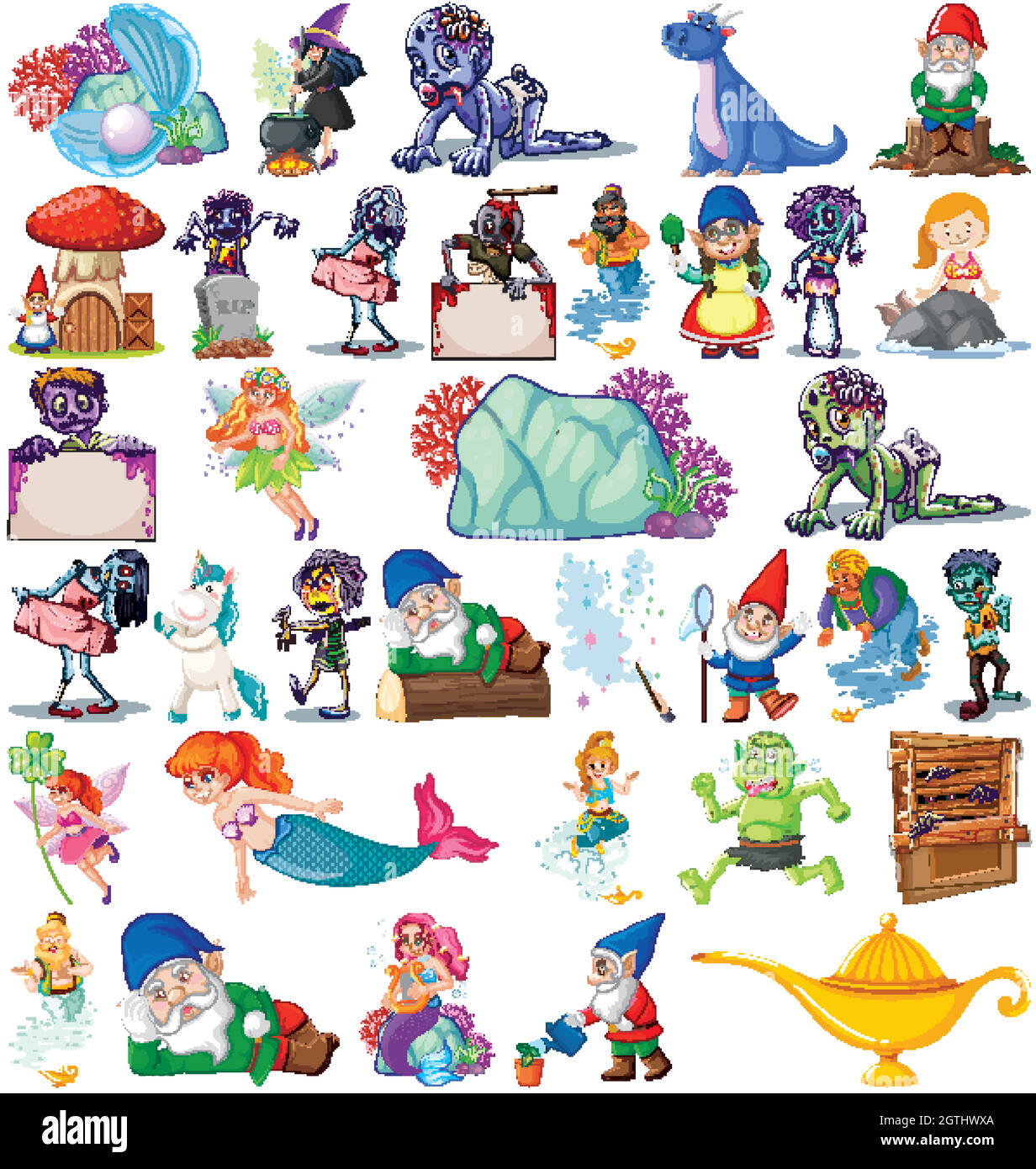 Set of fantasy cartoon characters and fantasy theme isolated on white ...