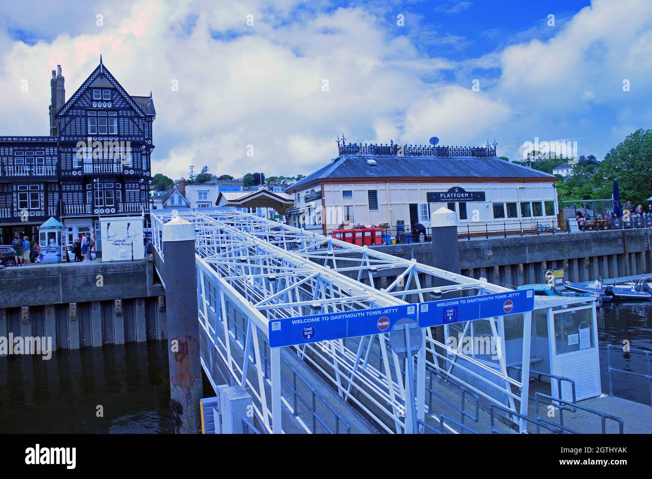 Ferry passenger walkway for boarding boats in Dartmouth, Devon Stock ...