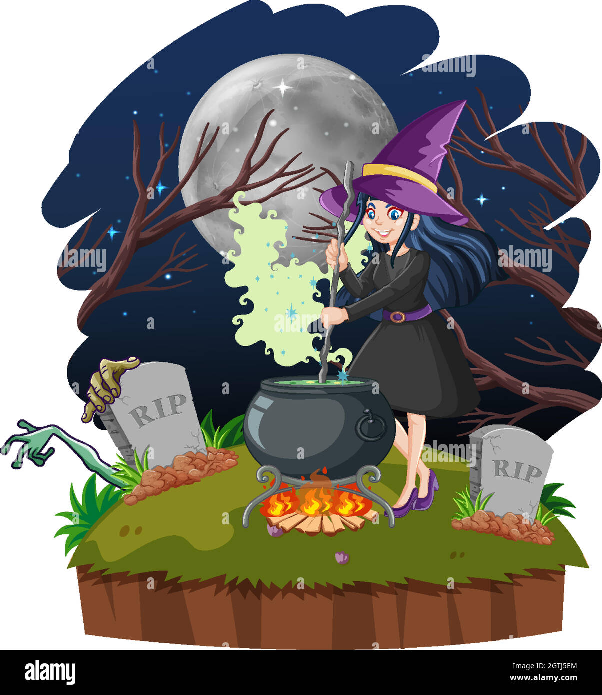 Witch with black magic pot cartoon style on dark forest background ...