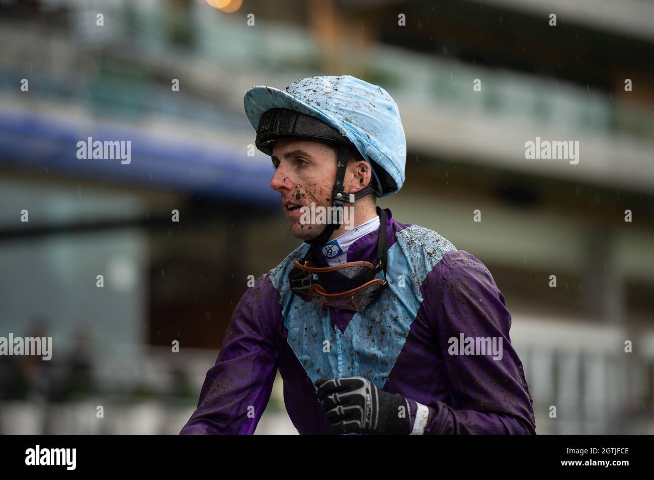 Ascot, UK. 2nd October, 2021. Jockey Martin Harley muddy after racing ...