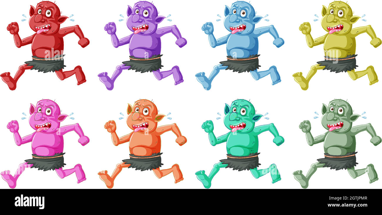 Set of colorful goblin or troll running pose with funny face in cartoon ...
