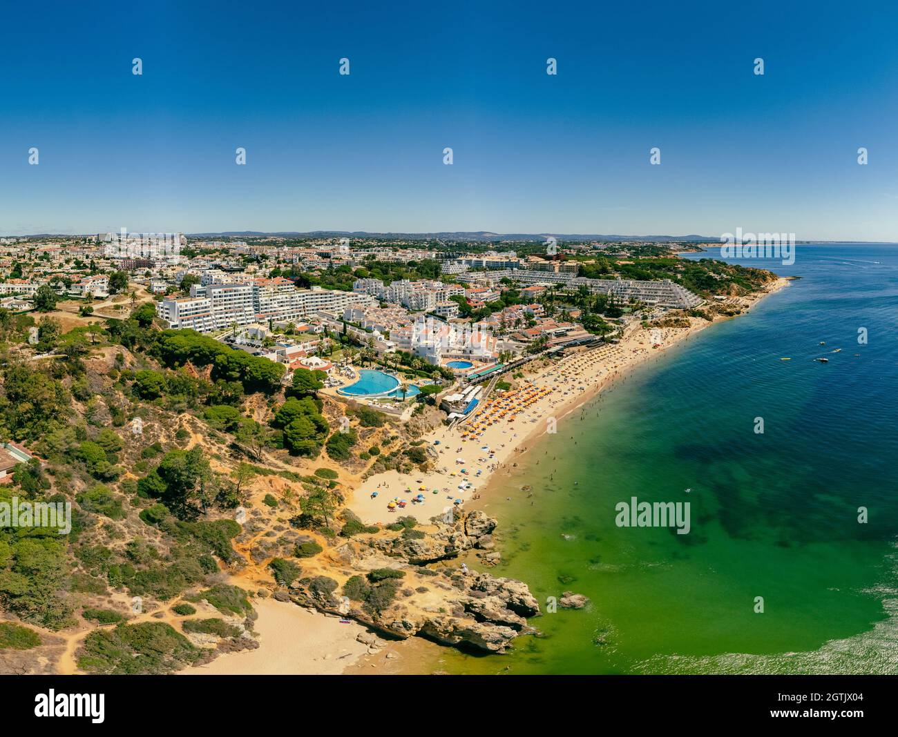 Aerial drone panoramas of Oura beach (Praia da Oura). Albufeira ...