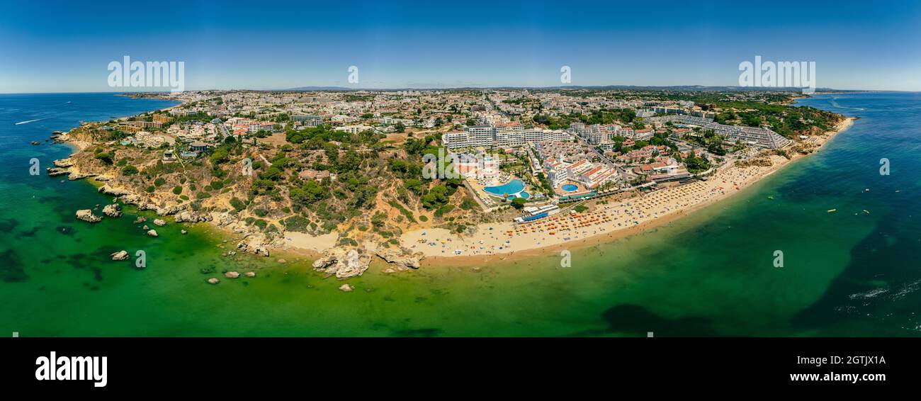 Aerial drone panoramas of Oura beach (Praia da Oura). Albufeira ...