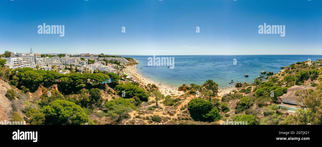 Aerial drone panoramas of Oura beach (Praia da Oura). Albufeira ...