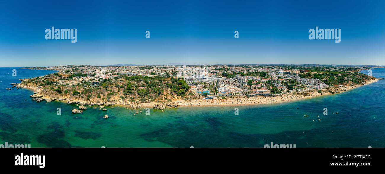 Aerial drone panoramas of Oura beach (Praia da Oura). Albufeira ...