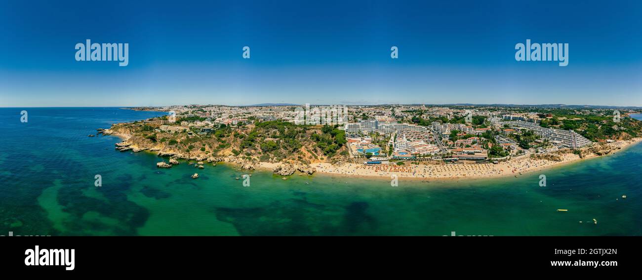 Aerial drone panoramas of Oura beach (Praia da Oura). Albufeira ...