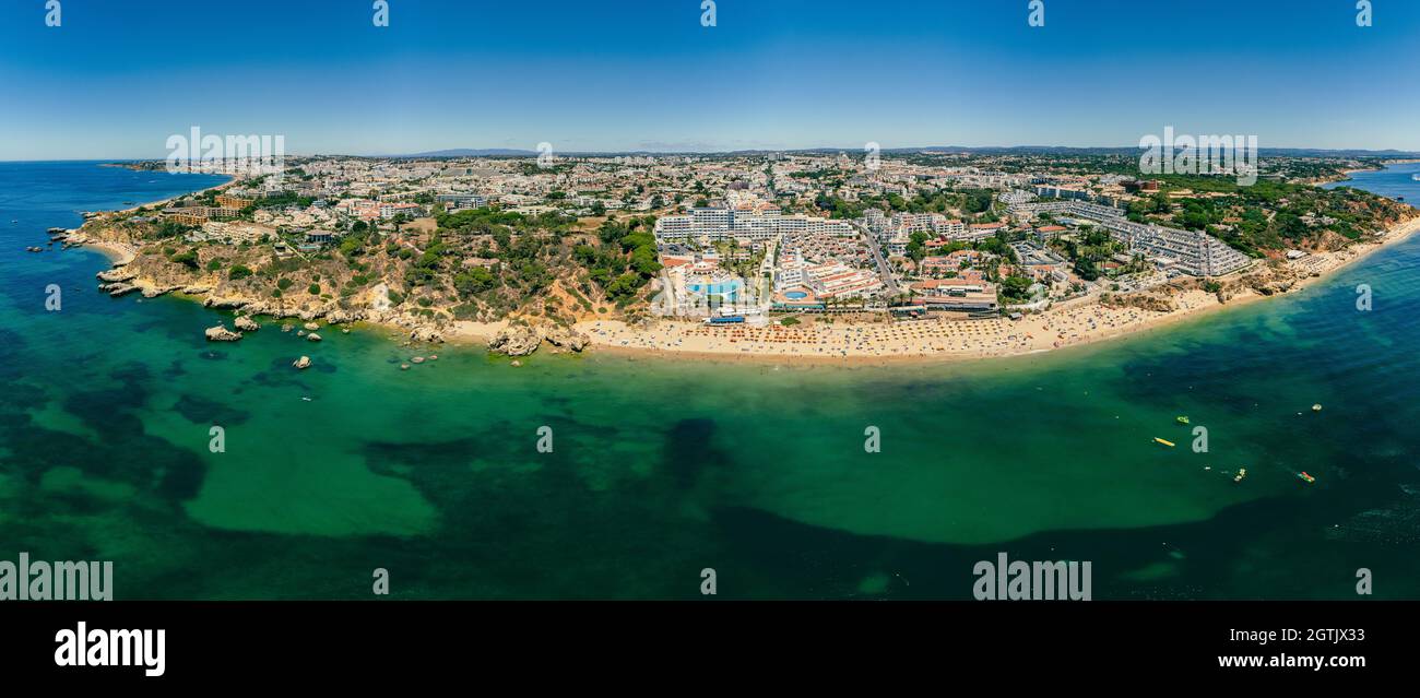 Aerial drone panoramas of Oura beach (Praia da Oura). Albufeira ...