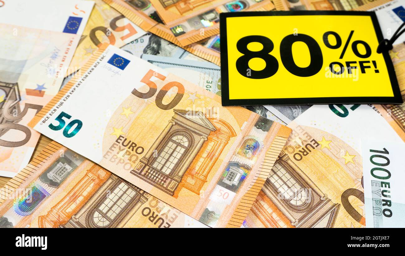 Yellow sale label on money euro background. Black friday sale. European ...