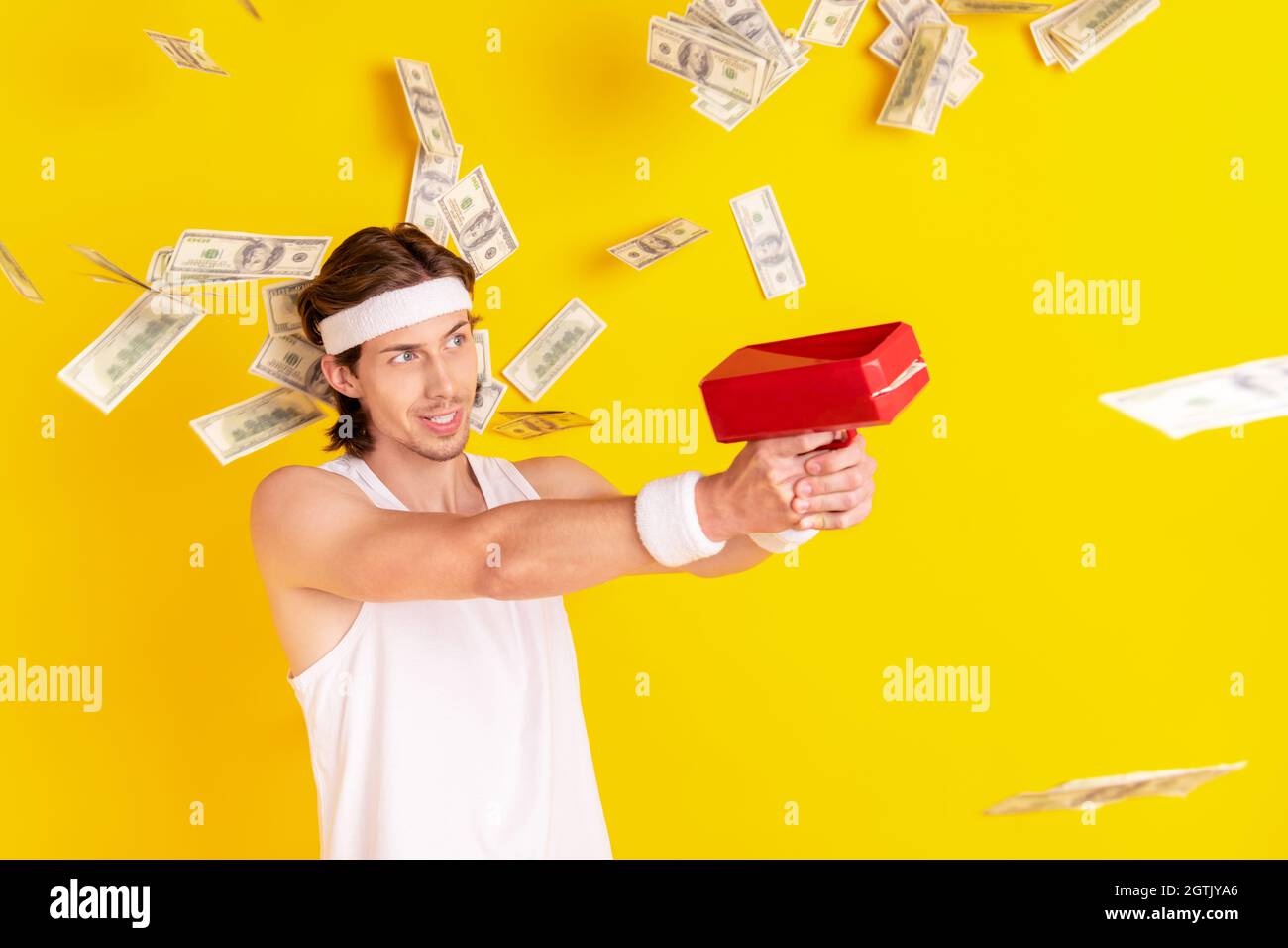 Portrait of attractive cheerful guy shooting us money waste credit ...