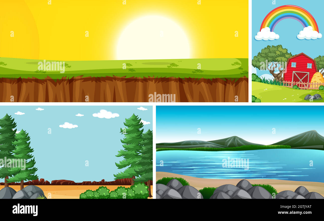 Four different scenes in nature setting cartoon style Stock Vector ...