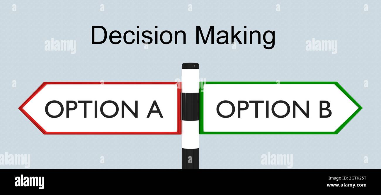 3D illustration of Decision Making script above two road signs ...