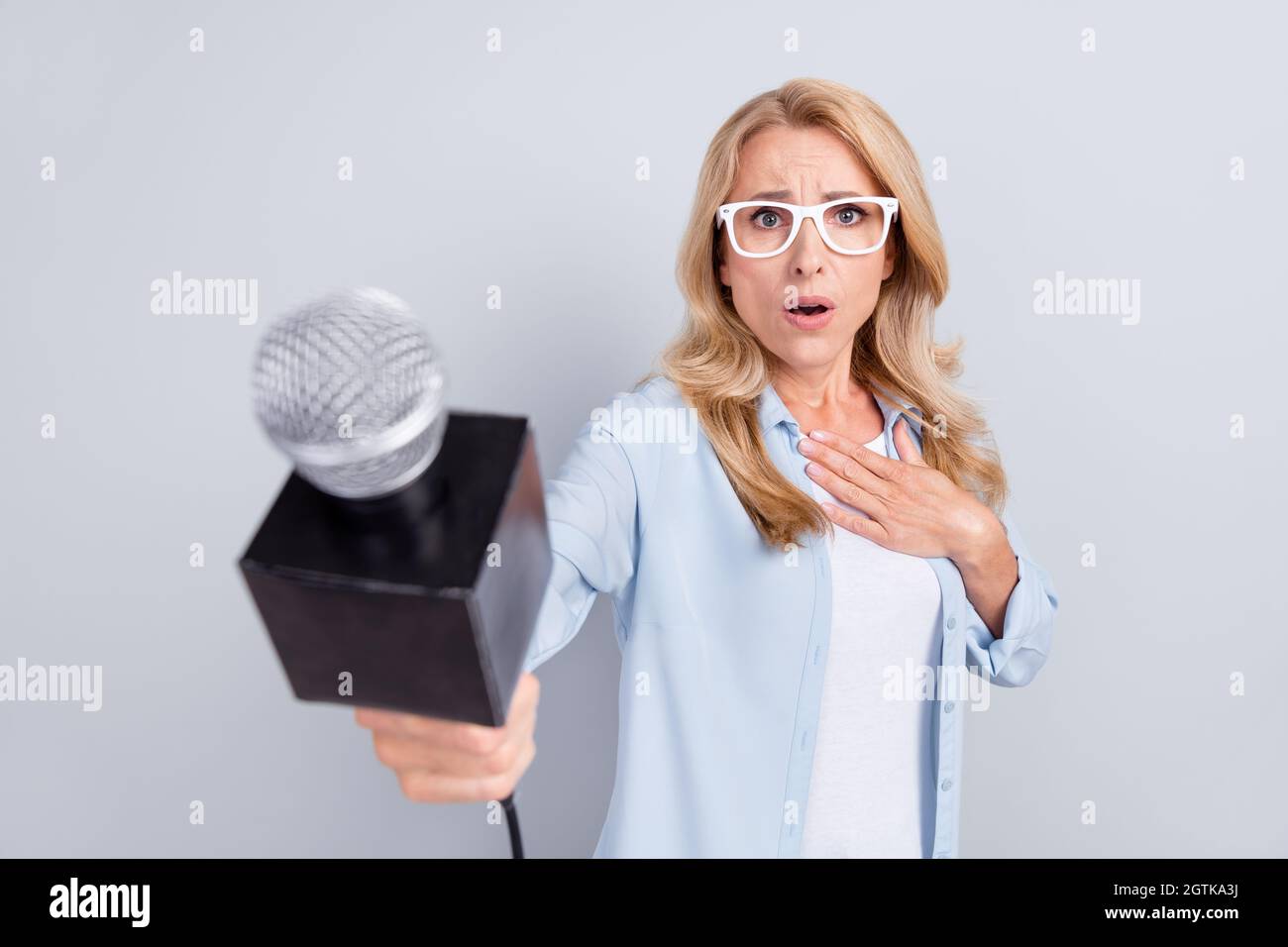 Photo of young sad negative mood woman journalist interview you hear ...