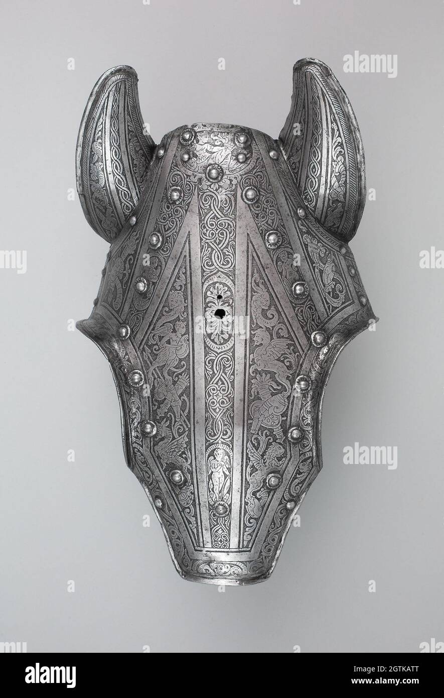 Vertical shot of pattern helmet with a pair of horns, arms and armor on ...