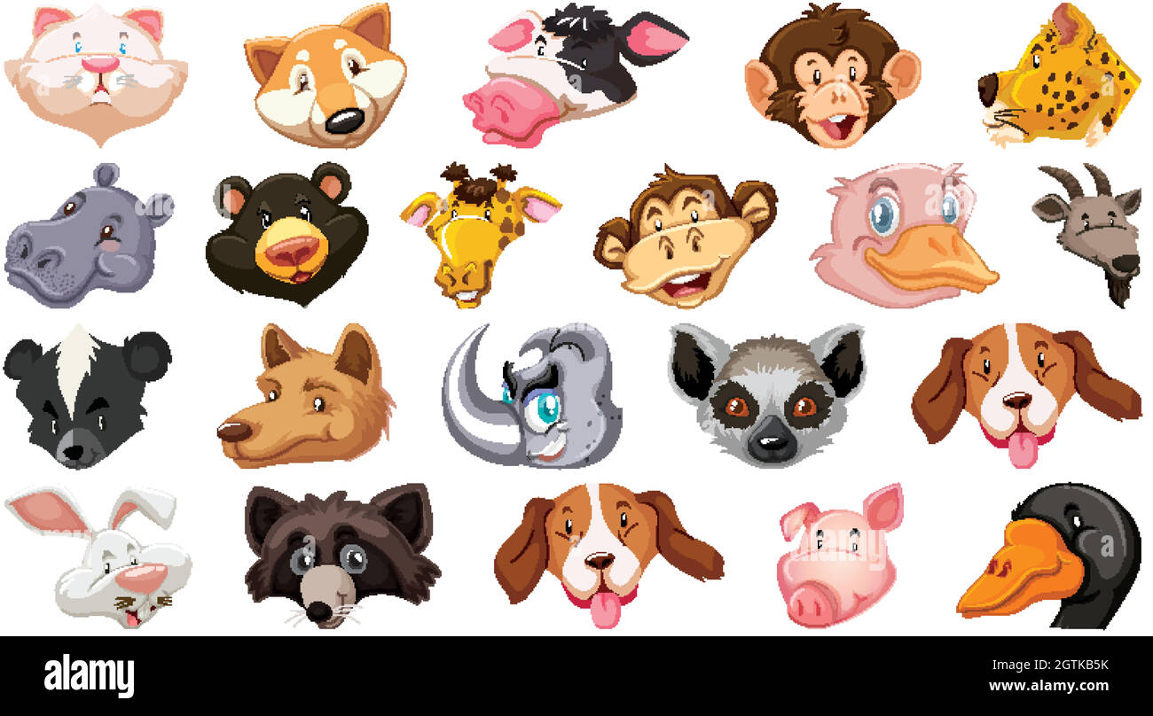 Set of different cute cartoon animals head huge isolated on white ...