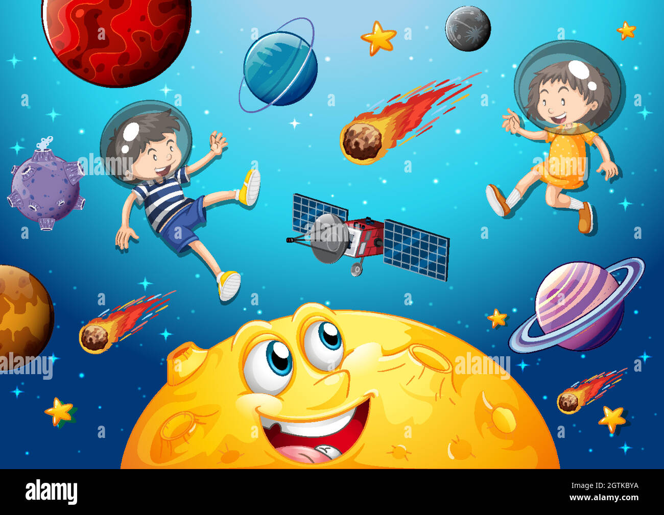 Moon with happy face on space galaxy theme background Stock Vector ...