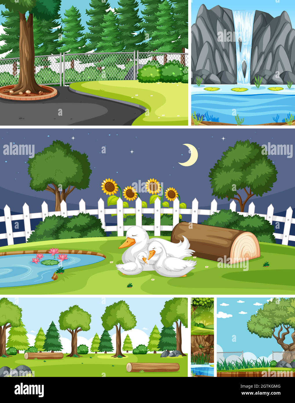 Six different scenes in nature setting cartoon style Stock Vector Image ...