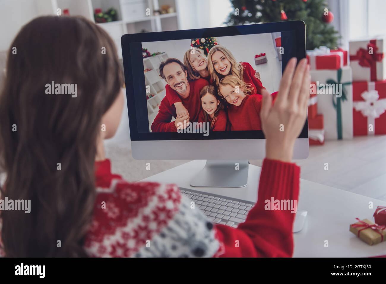 Photo of charming young woman wave hello computer relatives virtual ...