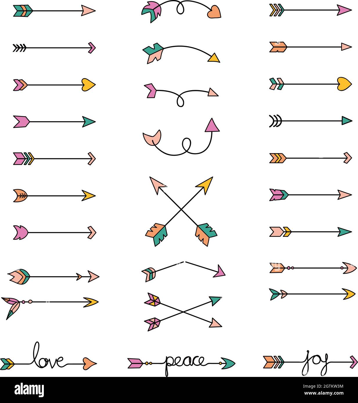 Hand Drawn Arrows. Tribal, Curly, Crossed, Darts, Boho, Symbol. Colored ...