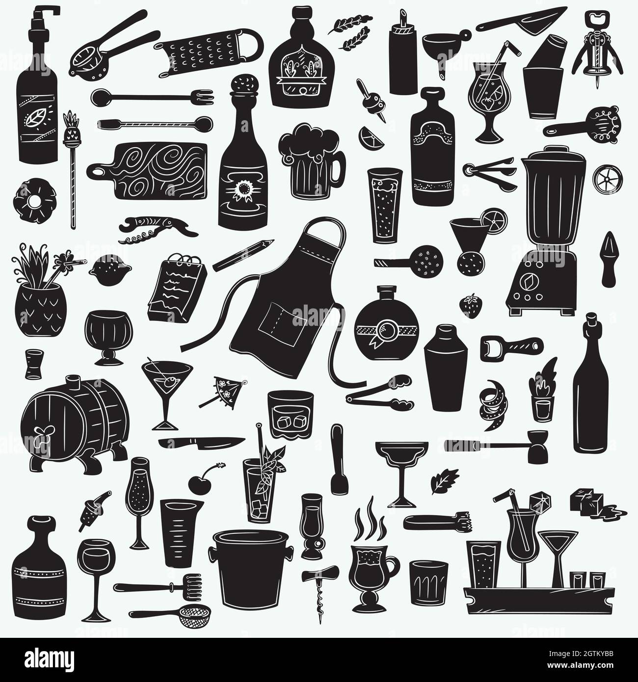 Bartender Doodles. Hand Drawn Bar tending tools. Glasses & Bottles ...