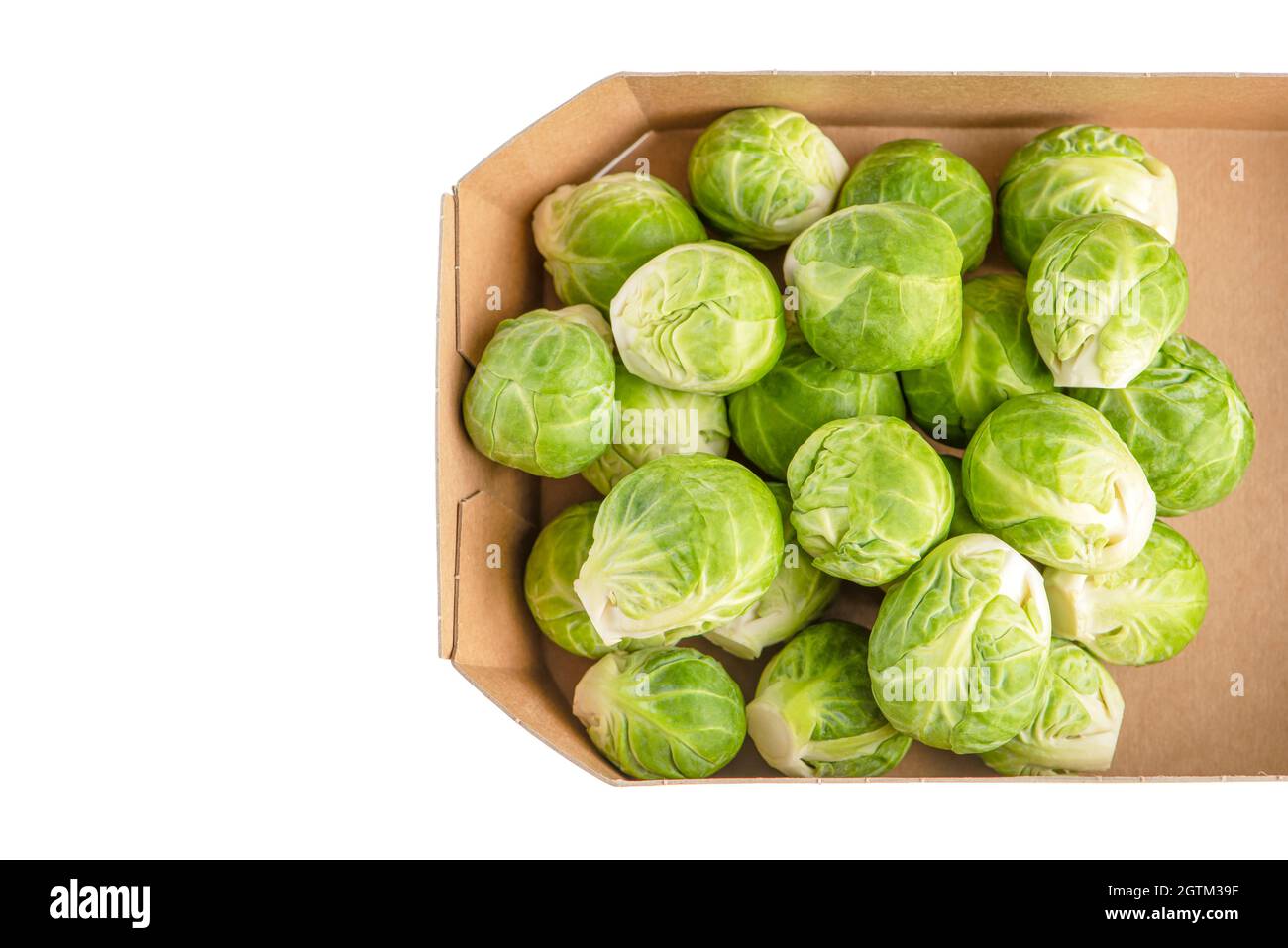 Paper packaging of Brussels sprouts on a white background, close-up ...