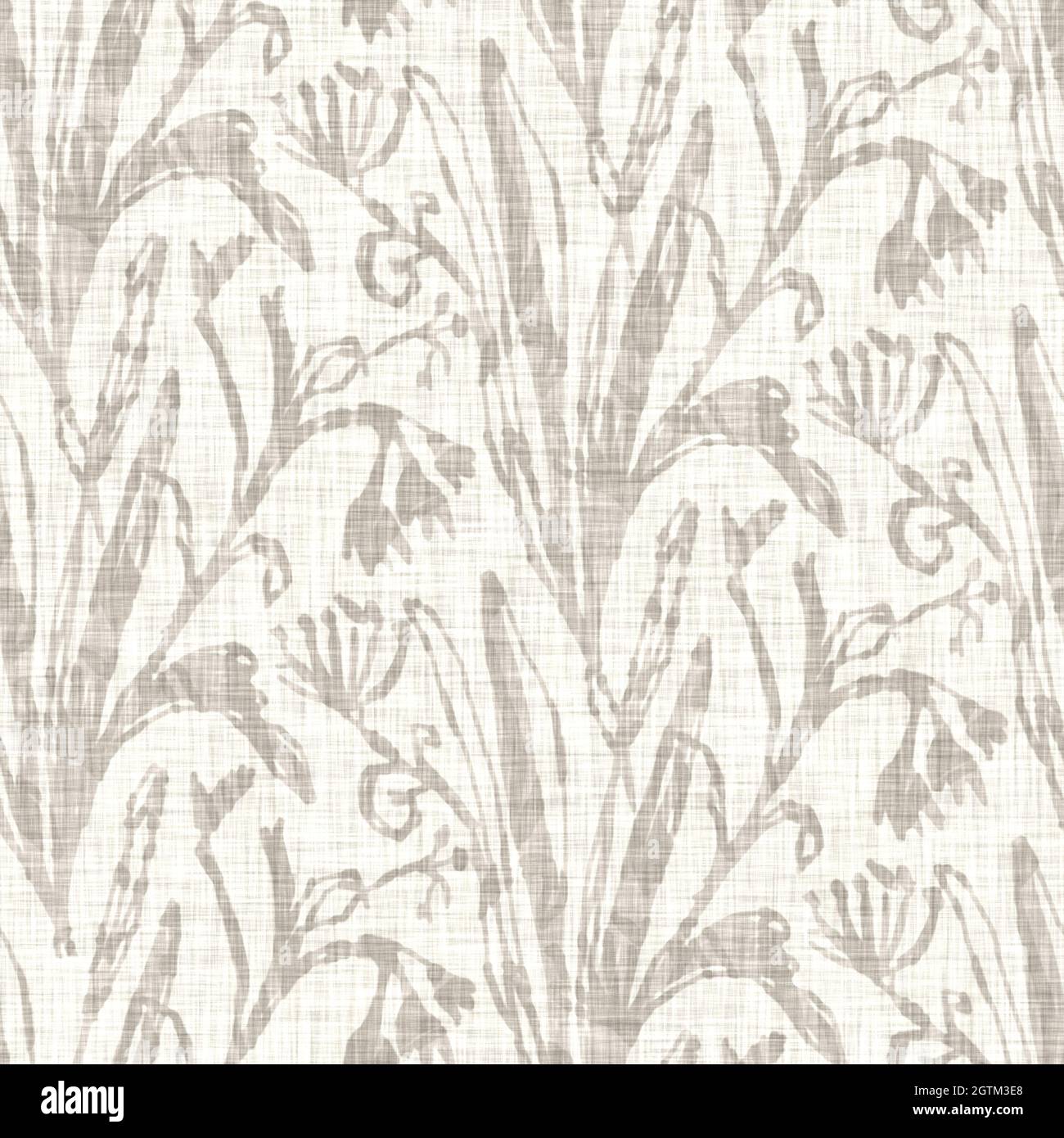 Hand drawn grey flower motif linen texture. Whimsical garden seamless ...