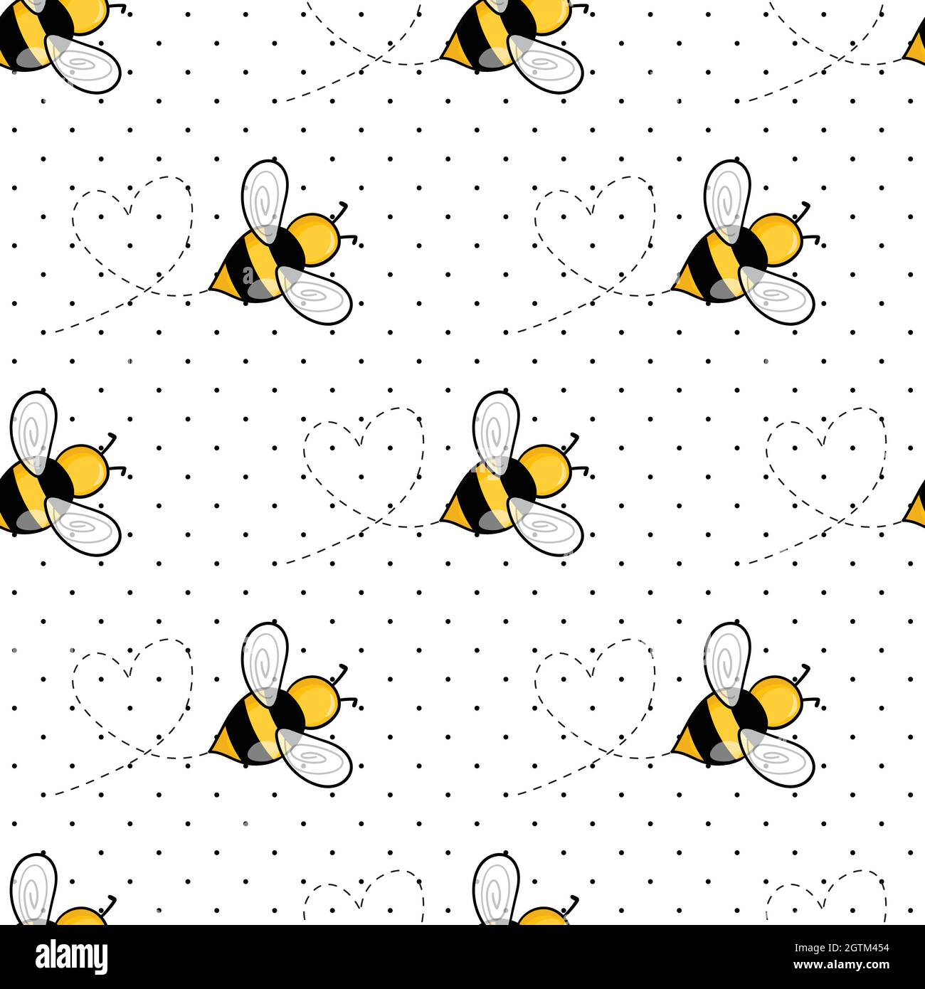 Seamless pattern with bees on white polka dots background. Small wasp ...