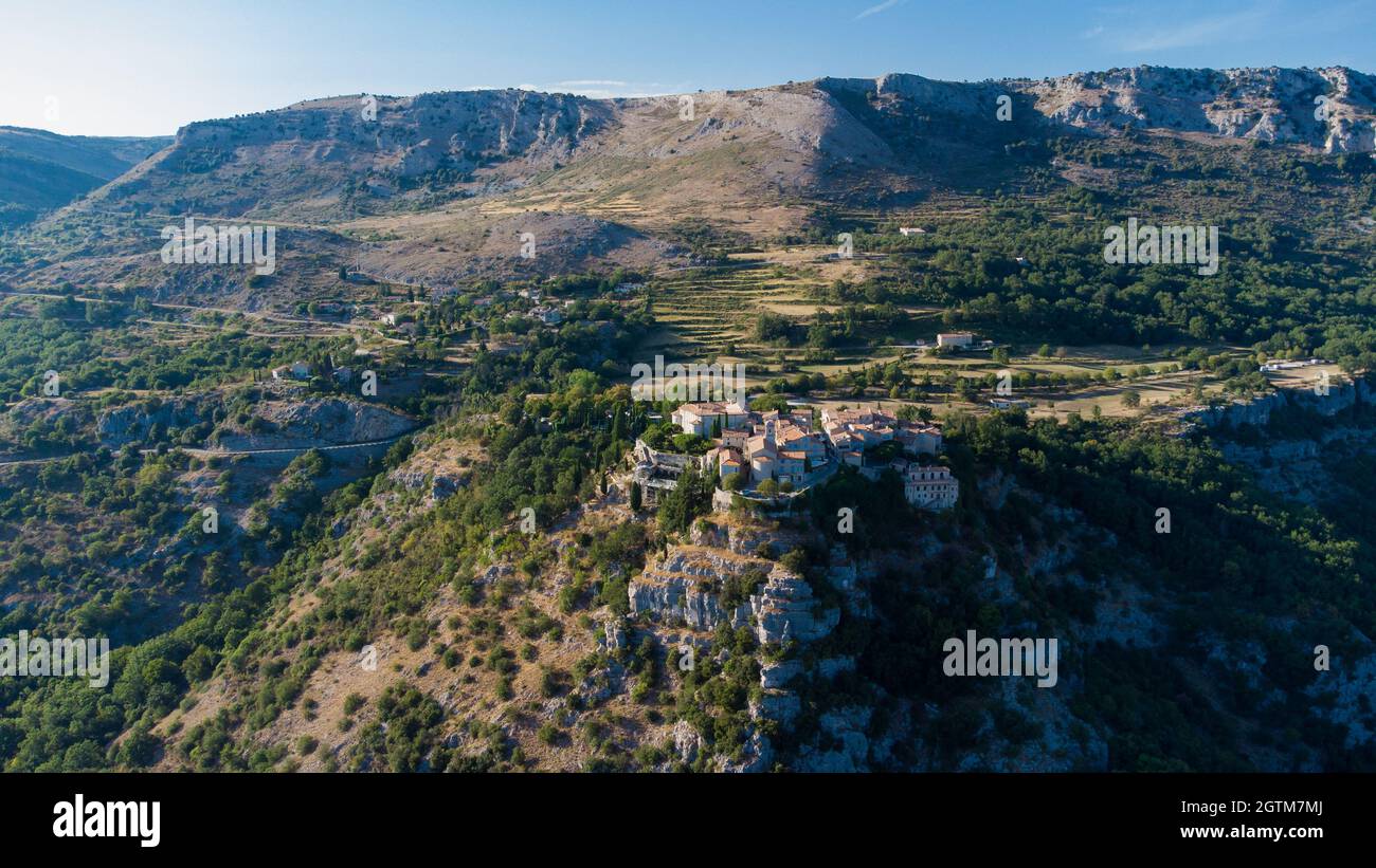 Aerial view of the medieval village of Gourdon in Provence, France ...