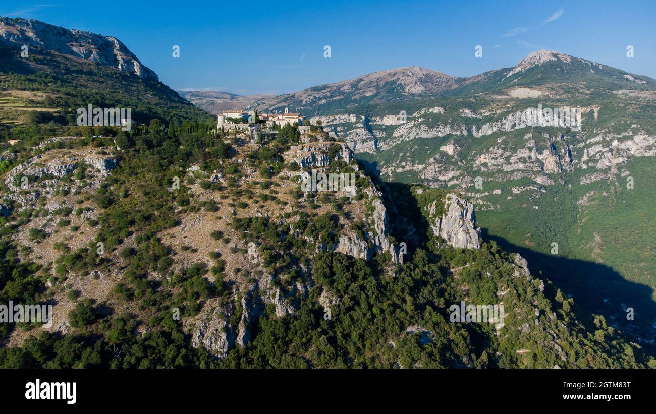 Aerial view of the medieval village of Gourdon in Provence, France ...