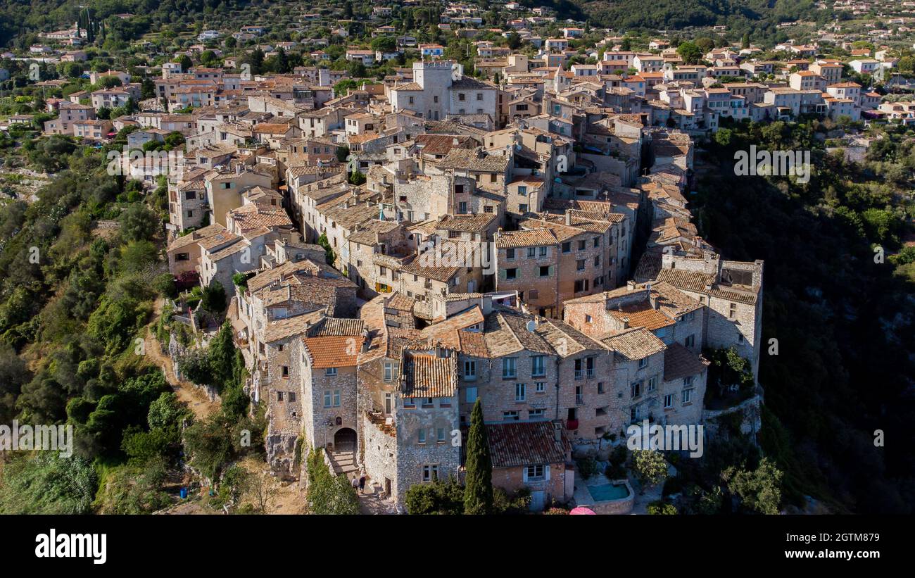 Aerial view of the medieval village of Tourrettes sur Loup on the ...