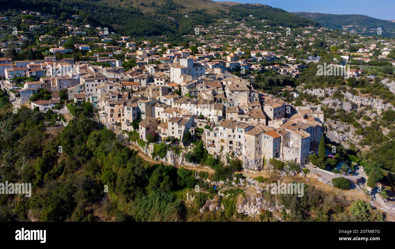 Aerial view of the medieval village of Tourrettes sur Loup on the ...